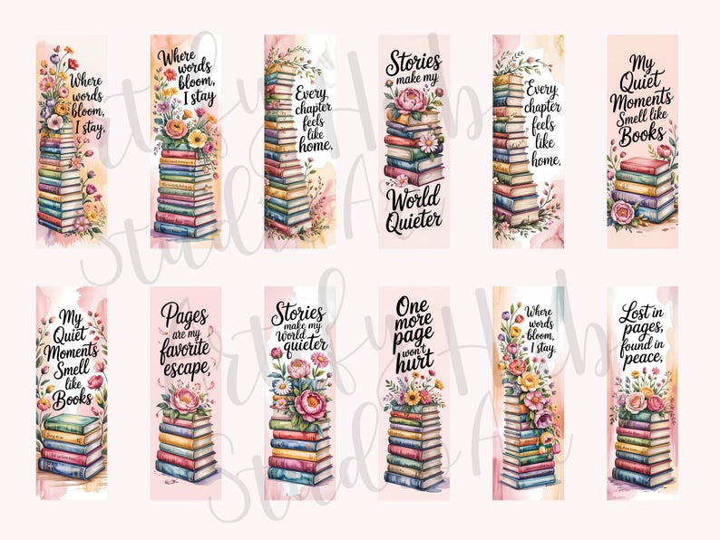 Stacked Books Floral Bookmarks PNG, Watercolor Reading Quotes Bookmarks ...