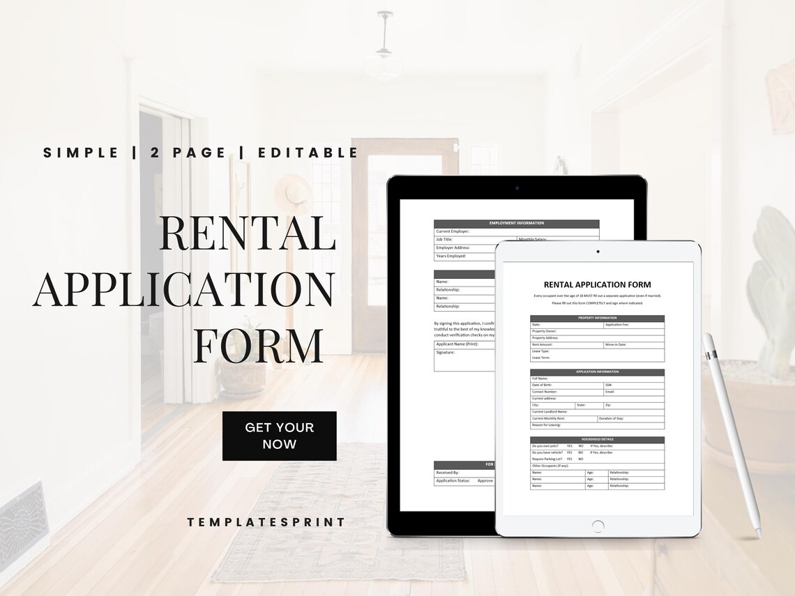 Printable Rental Application Template, Tenant Screening Form (fillable ...