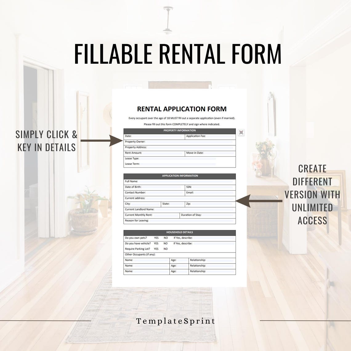 Printable Rental Application Template, Tenant Screening Form (fillable ...