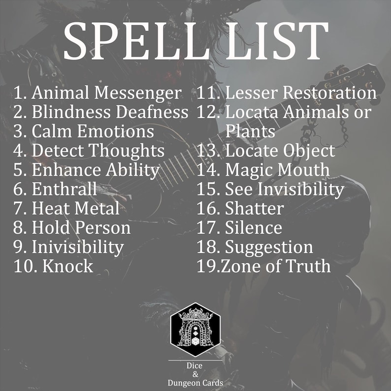 D&D Bard Spell Cards - 2nd Level Spells - Illustrated Spell Cards for ...