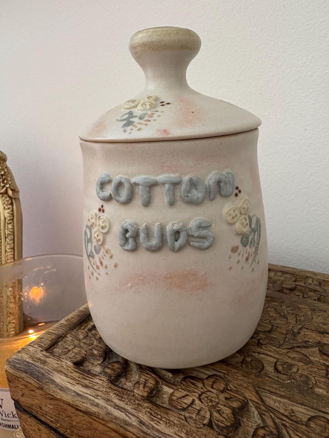 Vintage Ceramic Bathroom Jar – “cotton Buds” With Floral Detail – C ...