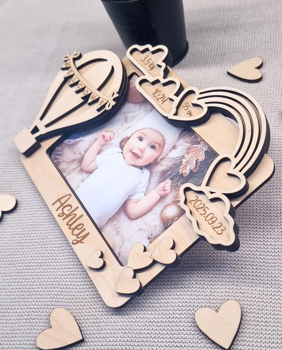 Newborn Baby Birth Announcement Wooden Photo Frame, Custom Engraved ...