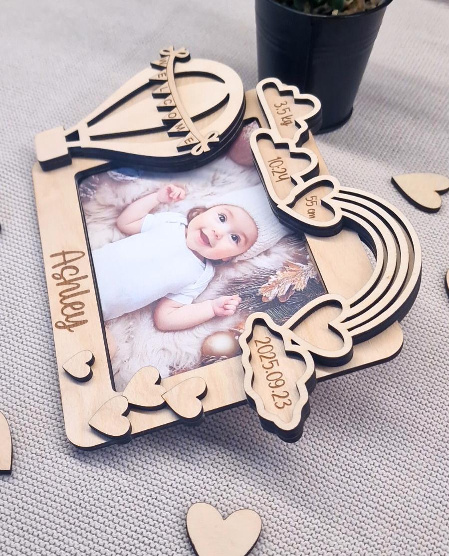 Newborn Baby Birth Announcement Wooden Photo Frame, Custom Engraved ...