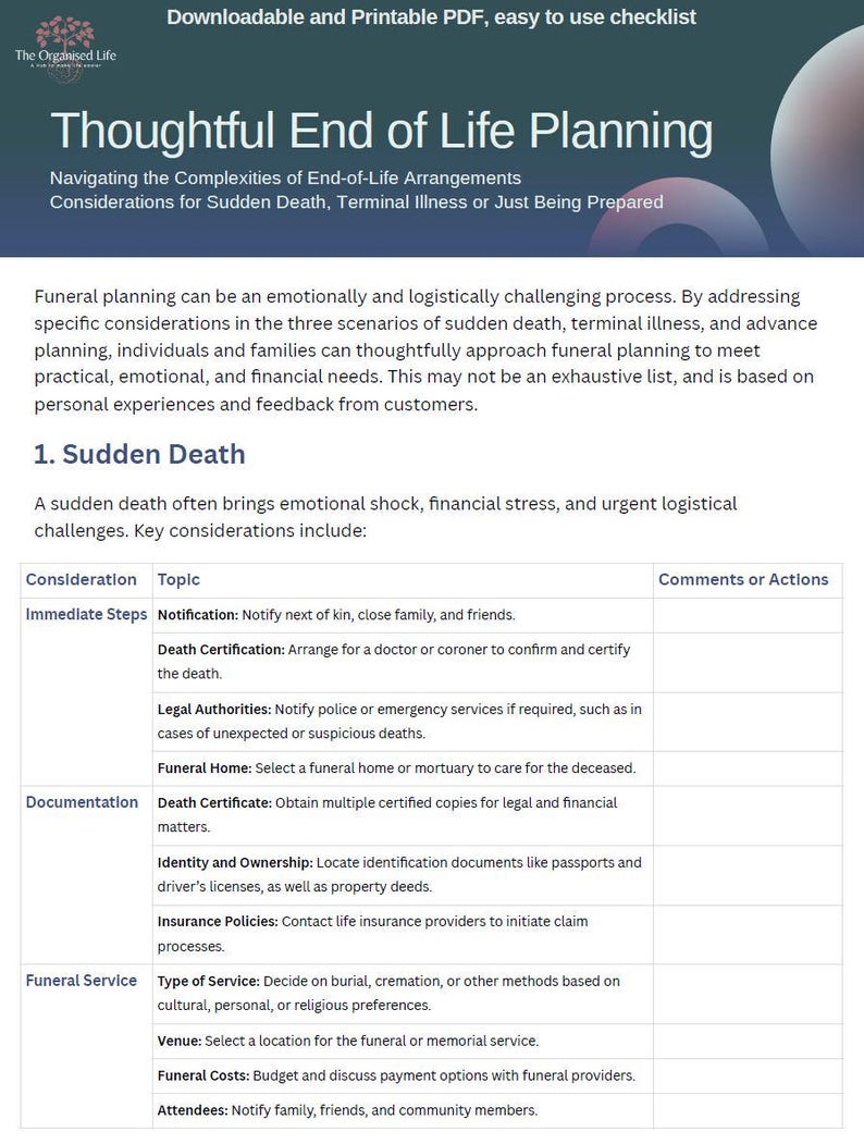 Downloadable Printable PDF End of Life Planning Checklist and Guide or ...