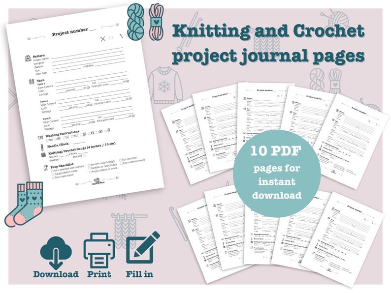 10 Knitting and Crochet Project Journal Pages PDF for Printing - Etsy