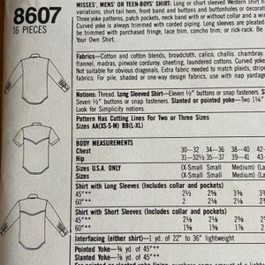 Simplicity 8607 Mens Western Shirt Sewing Pattern. Size BB Lgxlg. Topstitched, Button/snap ...