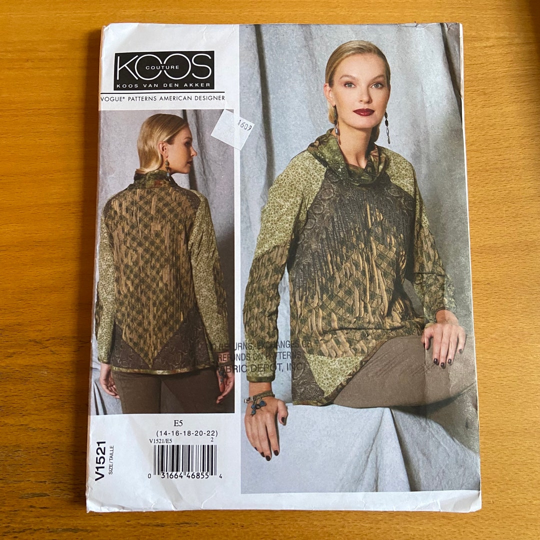 Vogue Sewing Pattern 1521 Loose Fit Pullover Top Cowl Neck Collar Plus ...