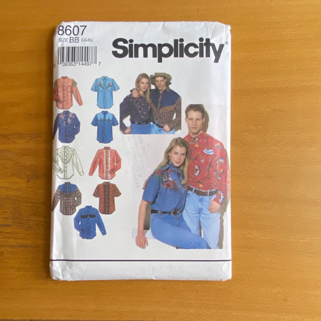 Simplicity 8607 Mens Western Shirt Sewing Pattern. Size BB Lgxlg. Topstitched, Button/snap ...