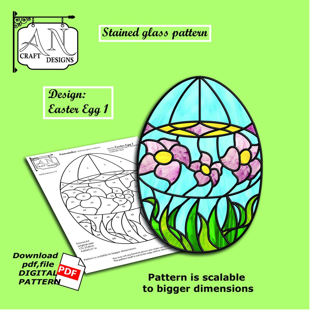 Easter Egg Stained Glass Pattern: Flowers & Sky DIY Template (PDF ...