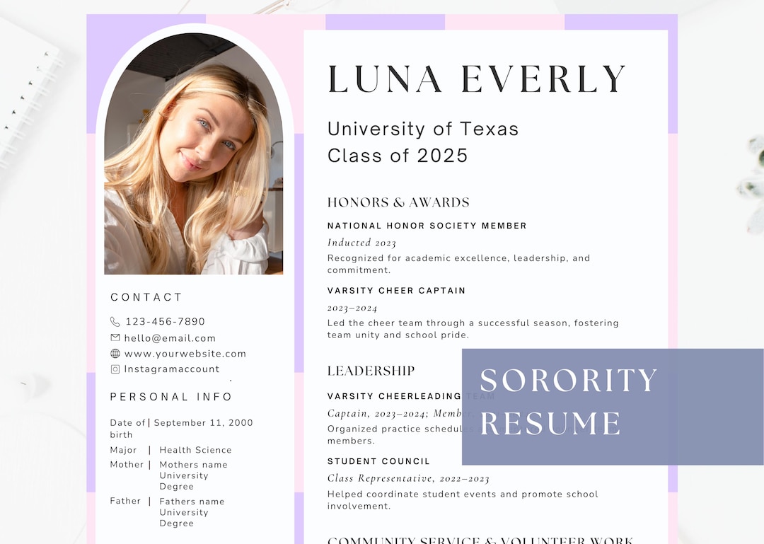 Sorority Resume Template, Sorority Resume, Rush Resume, Sorority Cover ...