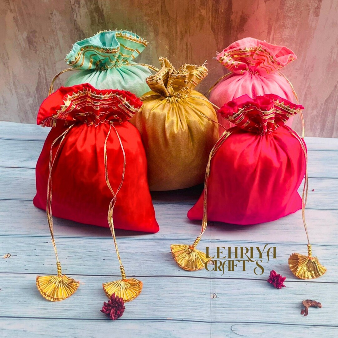 Gota Work Organza Fabric Dry Fruit Potli Bag Drawstring Pouches Brocade ...