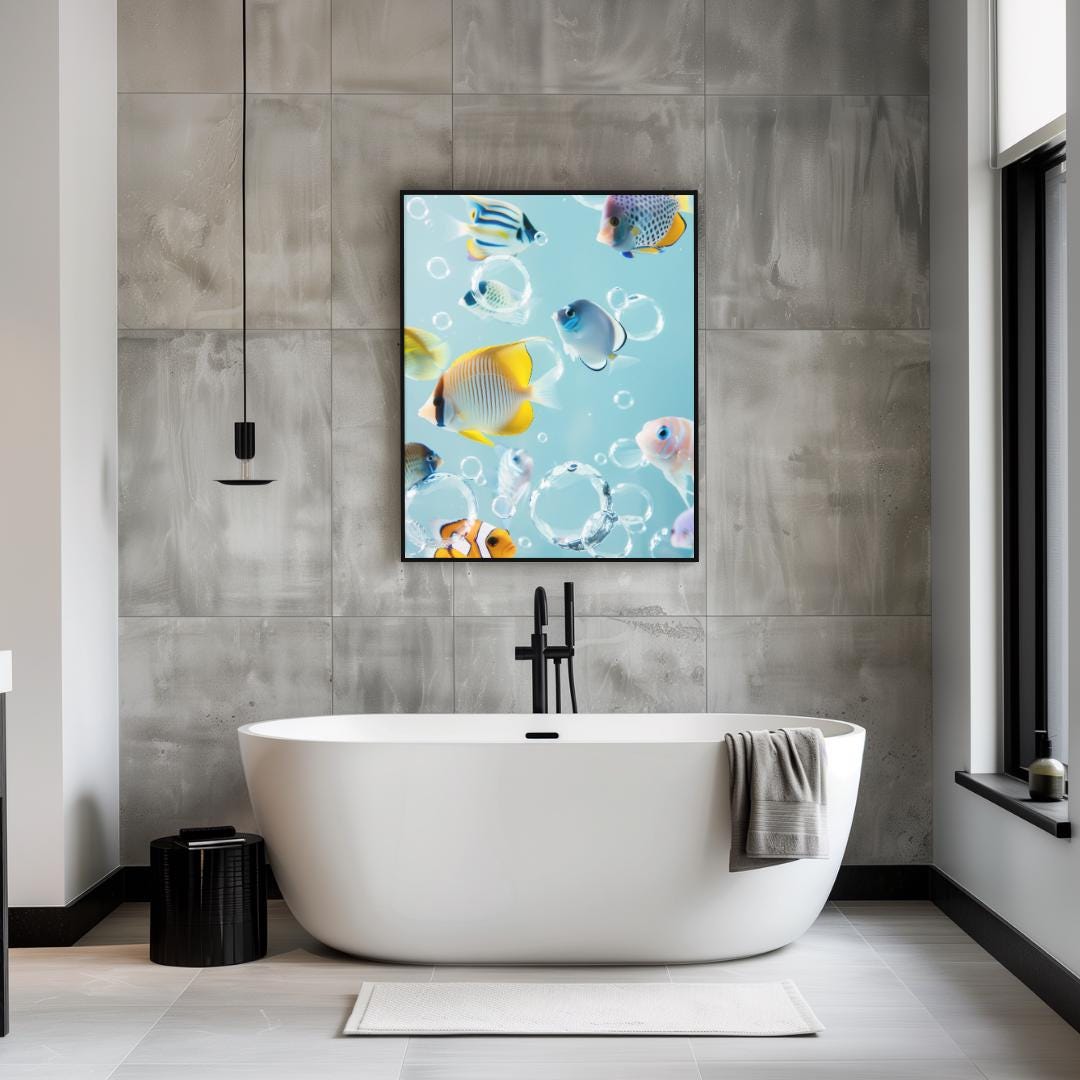 Tropical Fish Bathroom Wall Art – Underwater Spa Decor With Bubbles ...