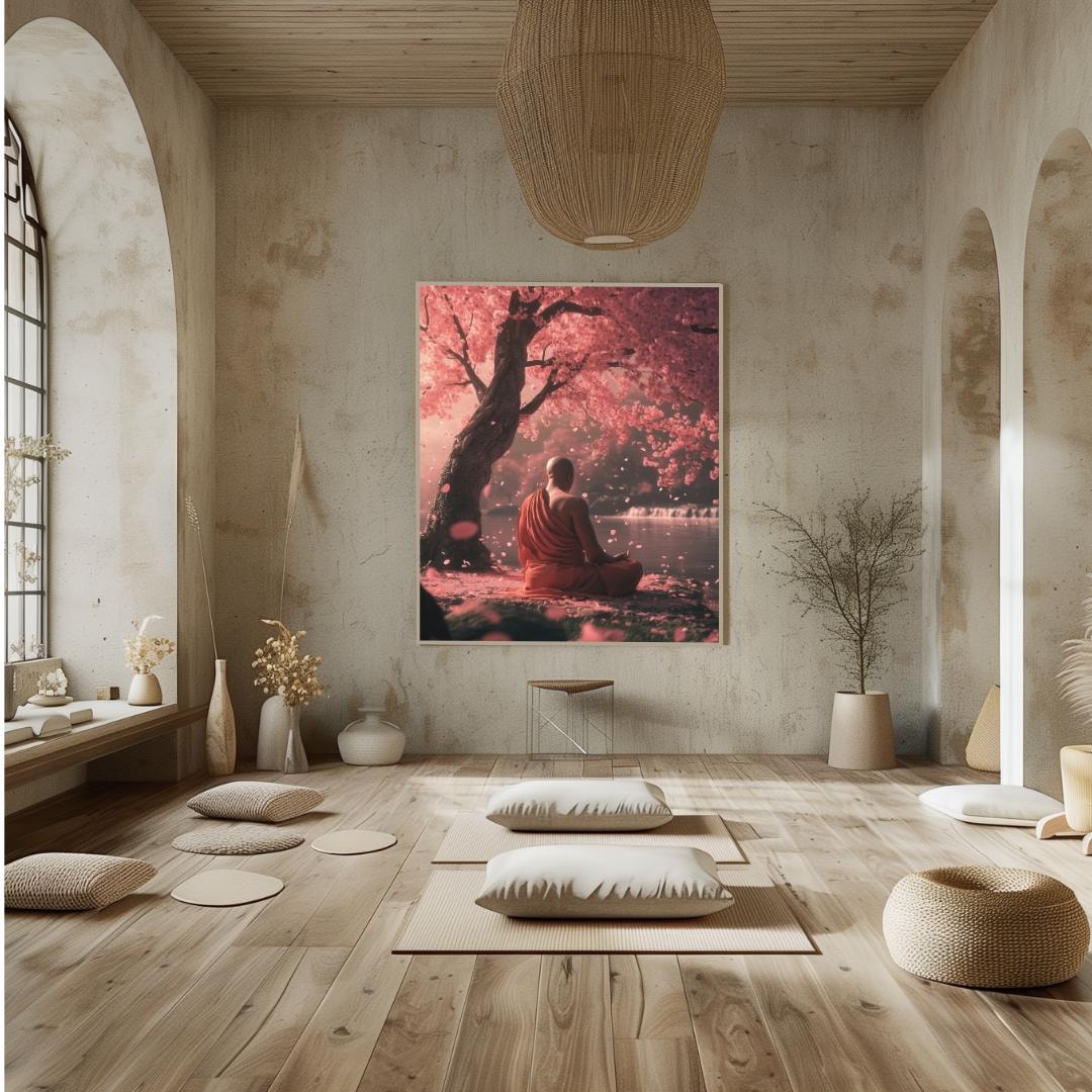 Serene Monk Wall Art, Meditating Monk, Cherry Blossom - Digital ...