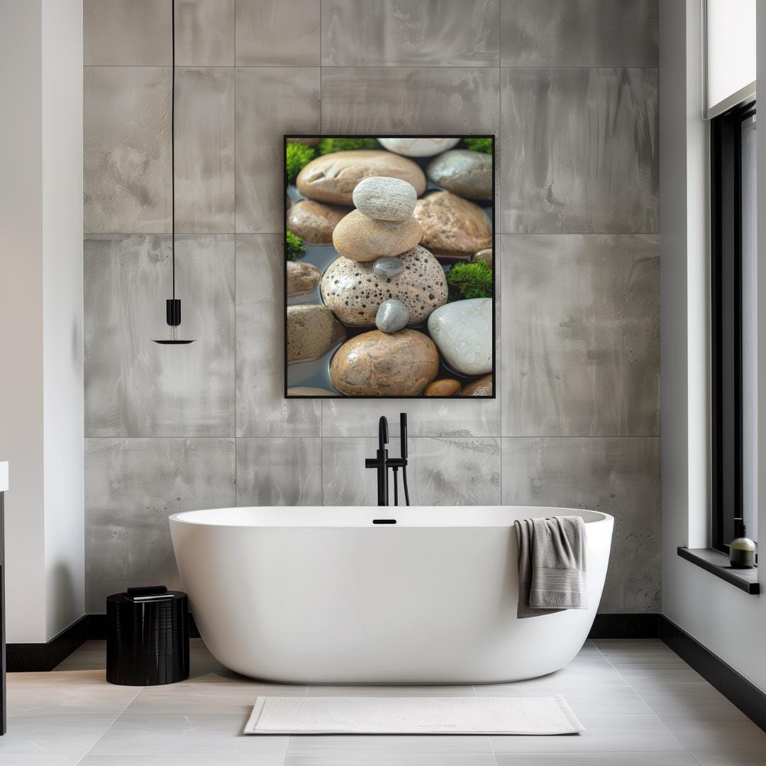 Zen Rock and Water Flow Wall Art – Meditative Nature Print for Bathroom ...