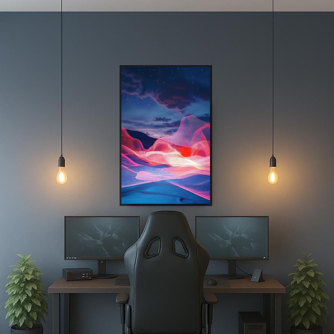 Surreal Ambient Techno Poster, Night Desert Holographic Shapes Wall Art ...