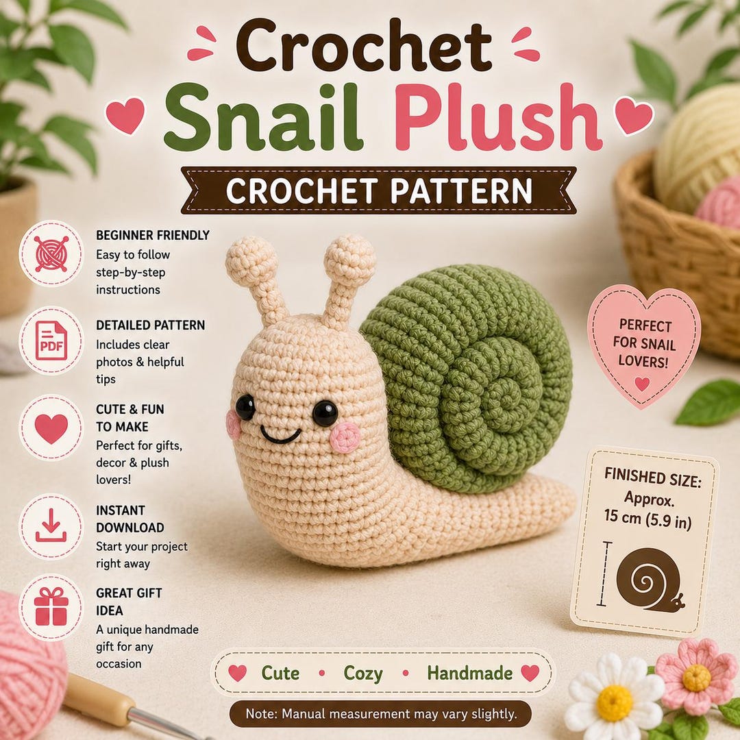 Crochet Snail Plush Pattern, Beginner Amigurumi Tutorial (PDF Download ...