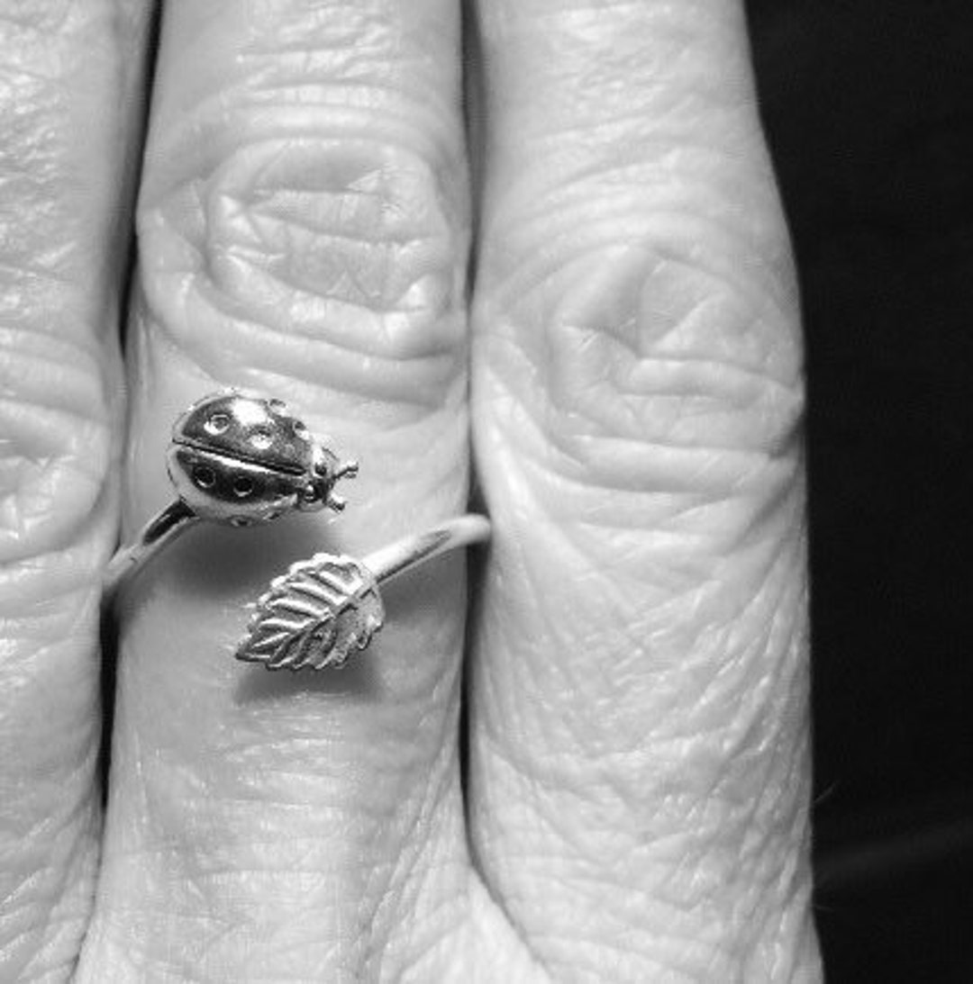 Sterling Silver Ladybird and Leaf Ring - Etsy UK