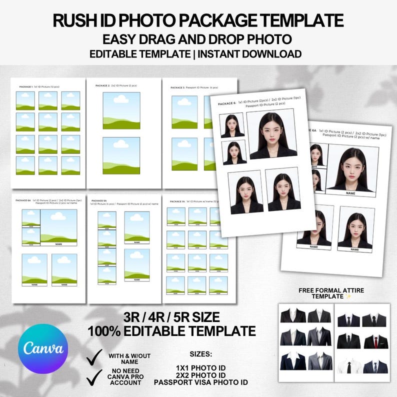 Editable ID Photo Template – Canva Drag & Drop, Formal Attire (digital ...