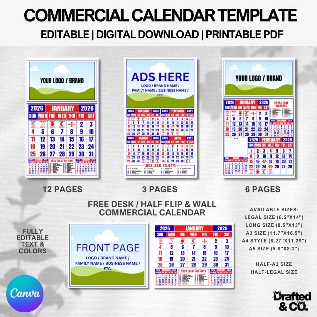 Editable Commercial Calendars 2026 Template, Canva (digital Download ...