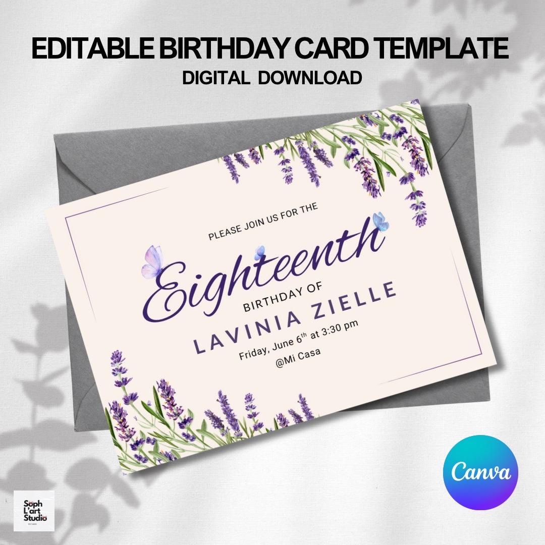 Editable Lavender Birthday Invitation Template Canva | Floral Party ...