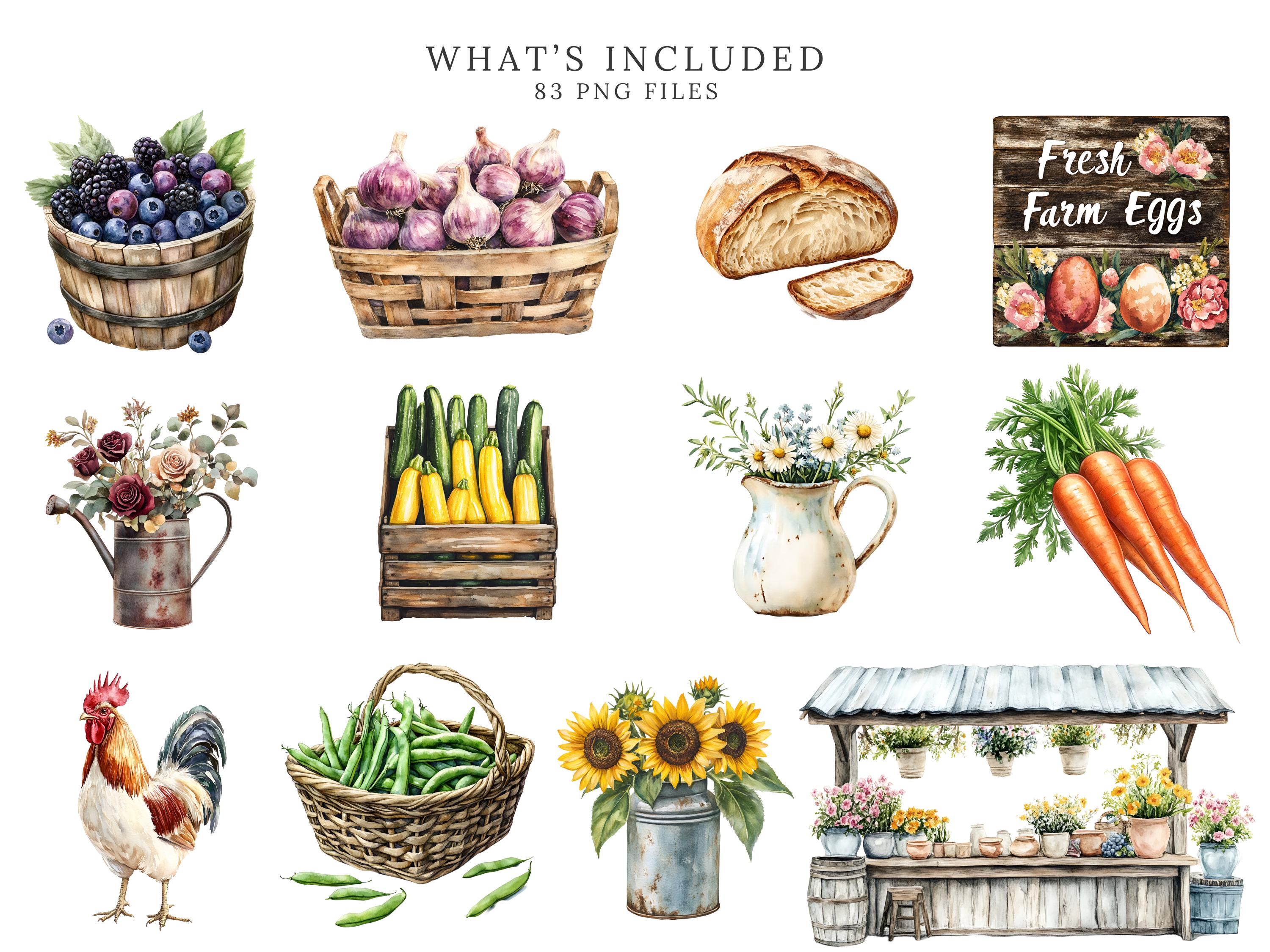 Watercolor Farmers Market Clipart, Rustic Floral Illustrations, Fresh ...
