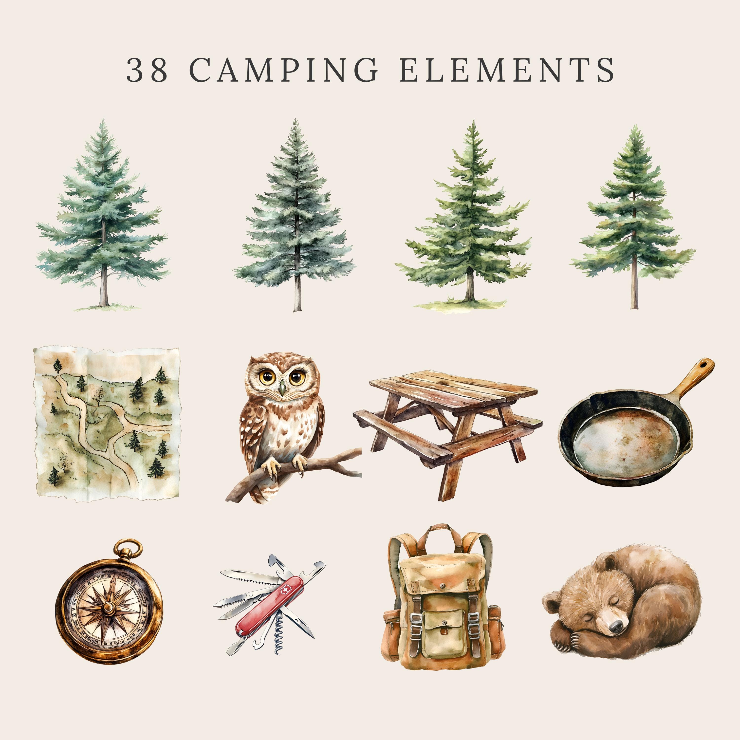 Let’s Go Camping Clip Art Bundle – Watercolor Tents, Campfires, Hiking ...
