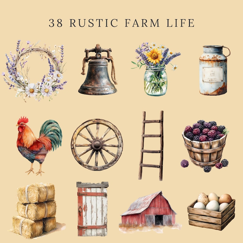Rustic Farm Life Clip Art Bundle – Watercolor Barns, Farm Animals ...