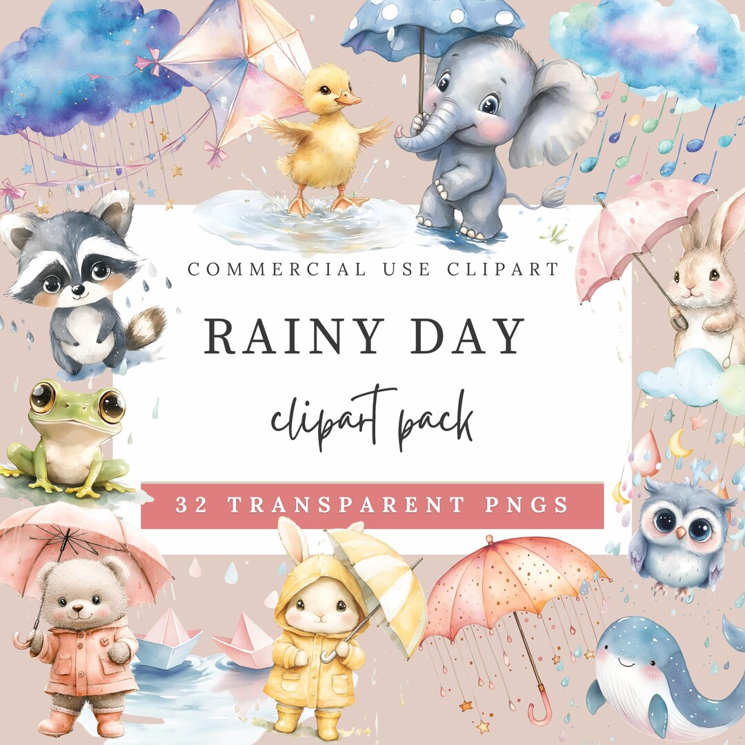 Dreamy Rainy Day Baby Shower Clip Art - Watercolor Umbrellas, Rain ...
