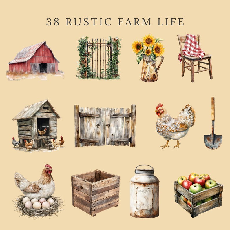 Rustic Farm Life Clip Art Bundle – Watercolor Barns, Farm Animals ...