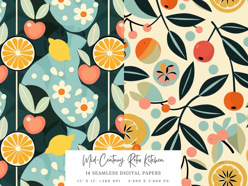 Mid-century Retro Kitchen Digital Paper – 1950s Seamless Patterns ...