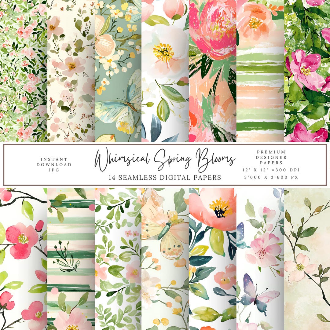 Whimsical Spring Blooms Watercolor Seamless Patterns - Soft Pastels ...