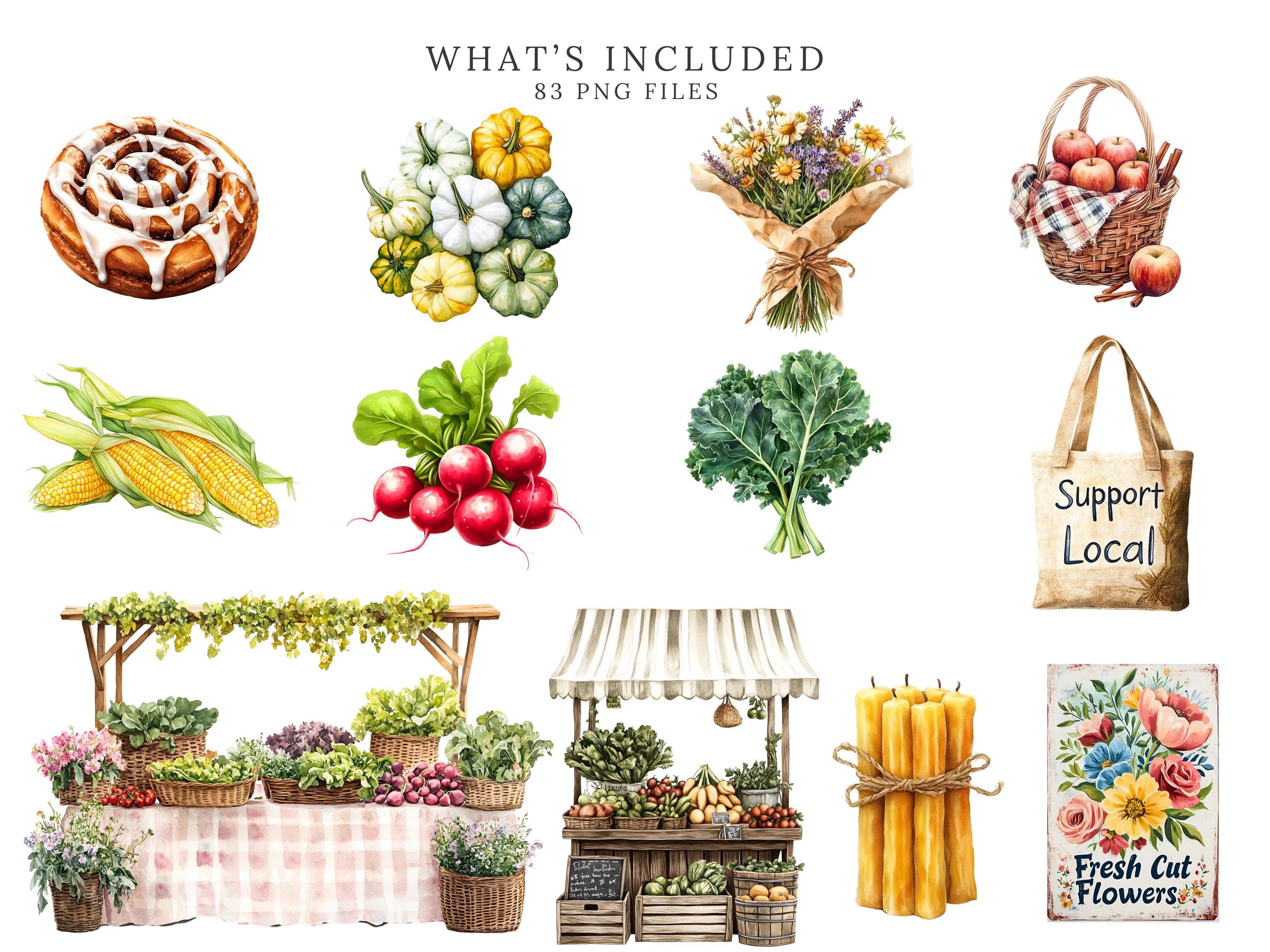 Watercolor Farmers Market Clipart, Rustic Floral Illustrations, Fresh ...