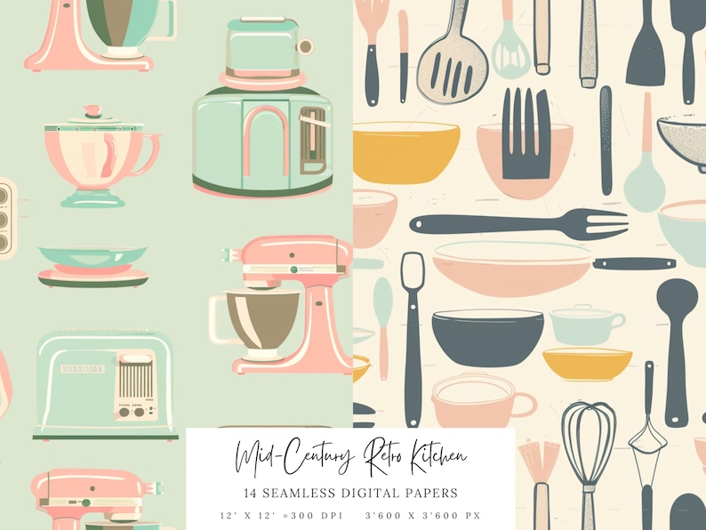 Mid-century Retro Kitchen Digital Paper – 1950s Seamless Patterns ...
