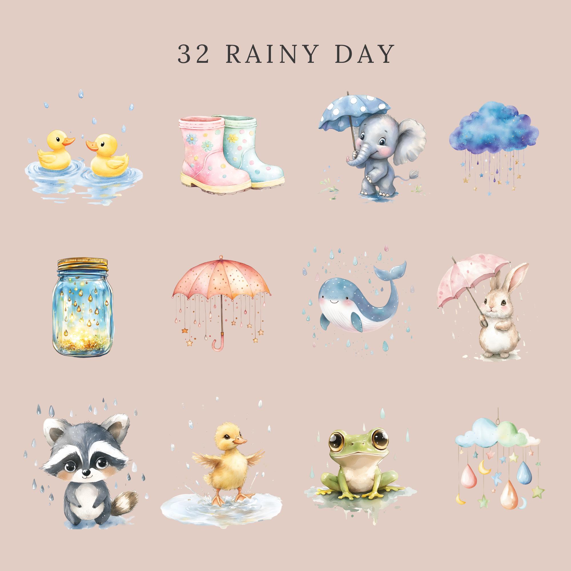 Dreamy Rainy Day Baby Shower Clip Art - Watercolor Umbrellas, Rain ...