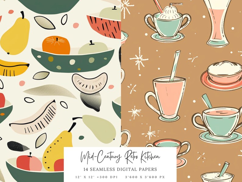 Mid-century Retro Kitchen Digital Paper – 1950s Seamless Patterns ...