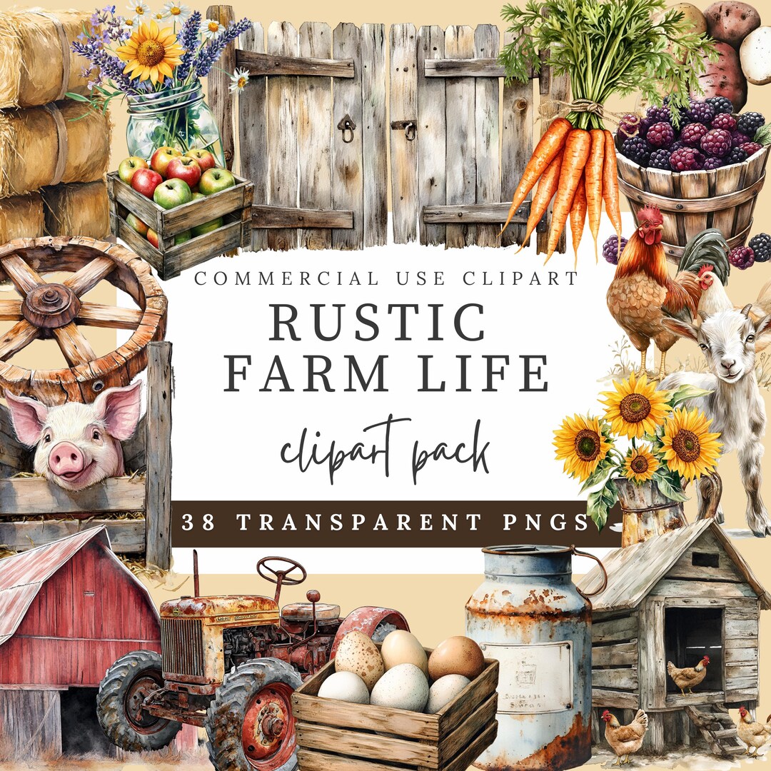 Rustic Farm Life Clip Art Bundle – Watercolor Barns, Farm Animals ...