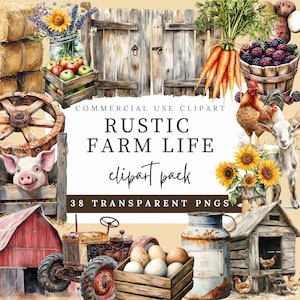 Rustic Farm Life Clip Art Bundle – Watercolor Barns, Farm Animals ...