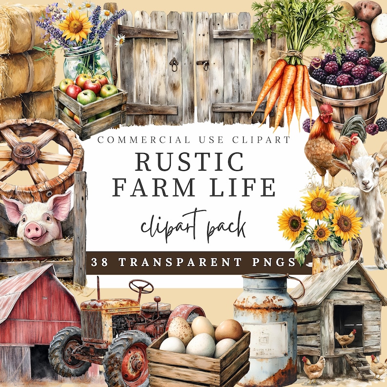 Rustic Farm Life Clip Art Bundle – Watercolor Barns, Farm Animals ...