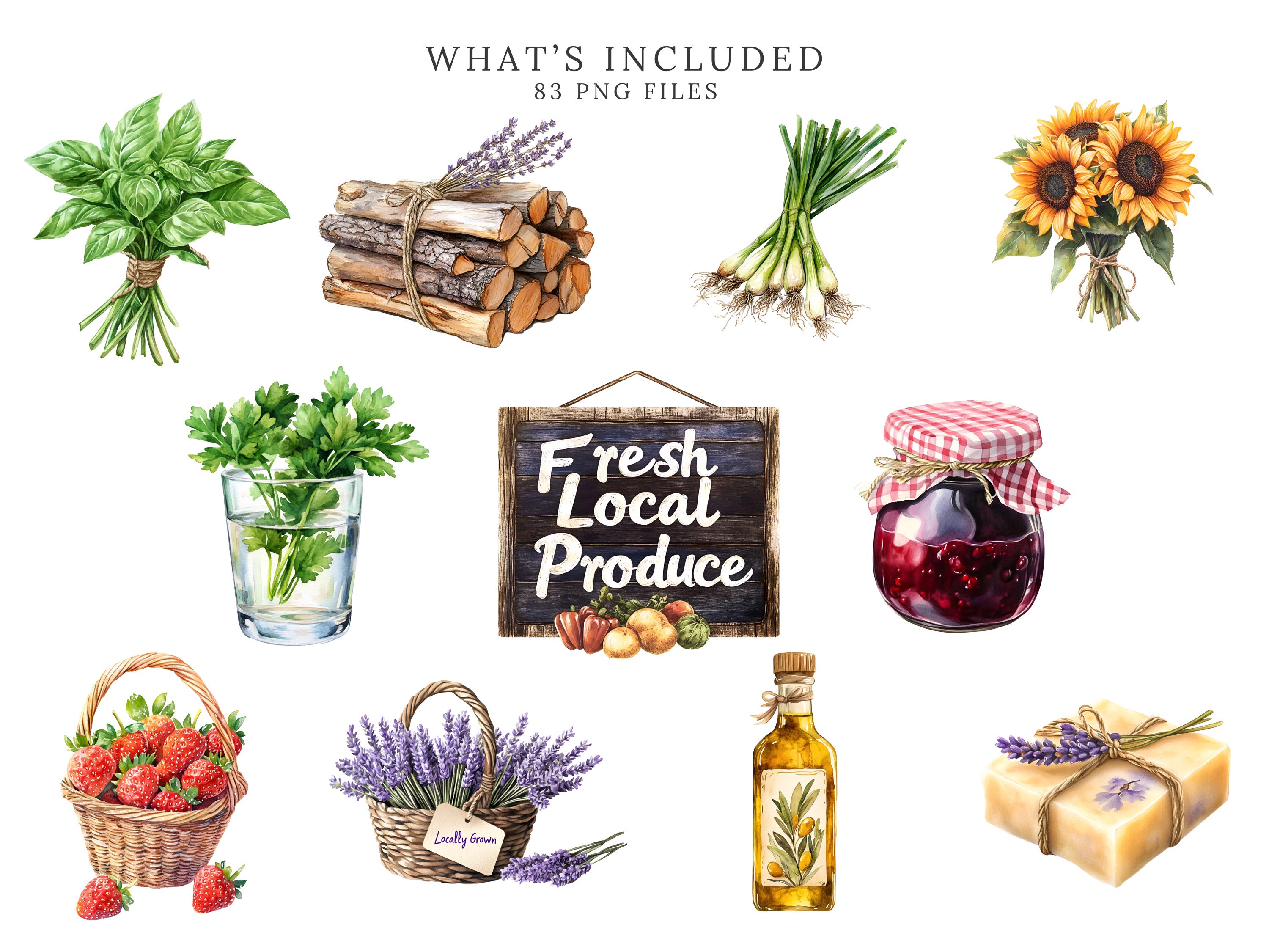 Watercolor Farmers Market Clipart, Rustic Floral Illustrations, Fresh ...