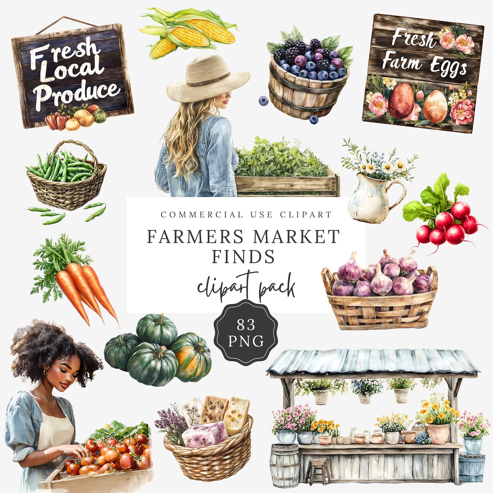 Watercolor Farmers Market Clipart, Rustic Floral Illustrations, Fresh ...