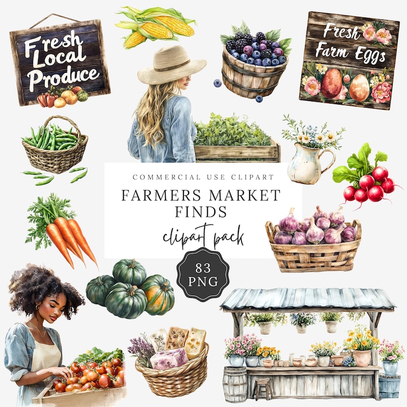 Watercolor Farmers Market Clipart, Rustic Floral Illustrations, Fresh ...
