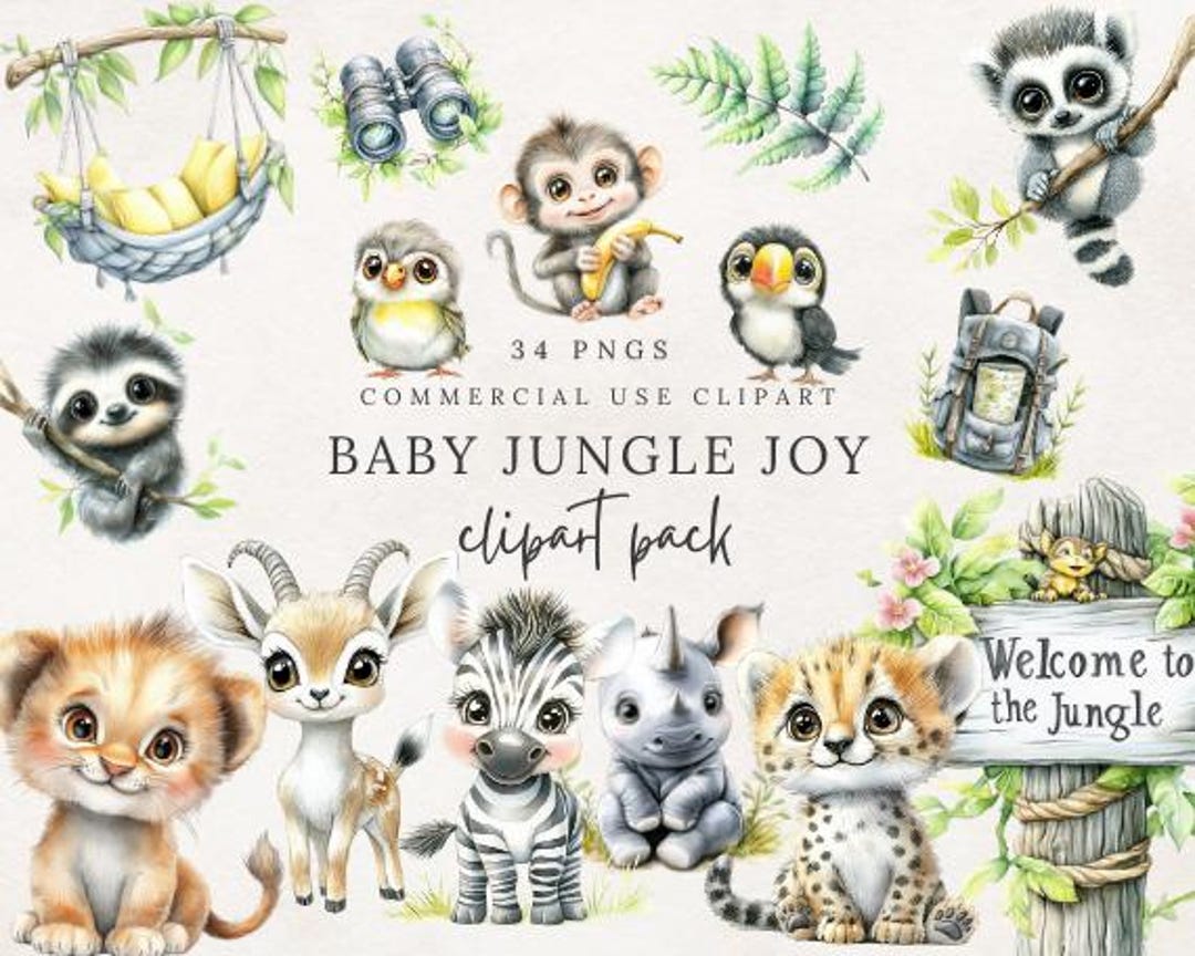 Baby Jungle Animals Clip Art – Adorable Watercolor Safari Creatures for ...