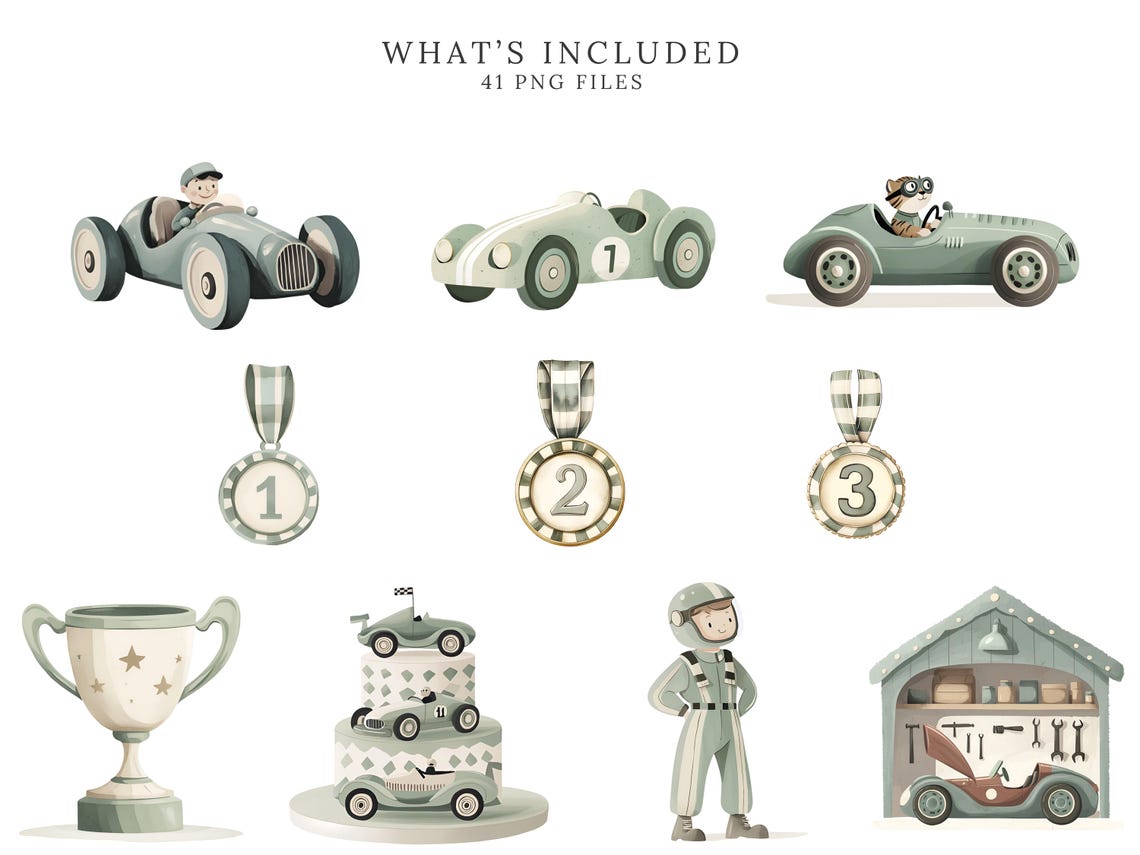 Little Racer Watercolor Clipart – Cute Race Cars, Kids Racing Theme ...