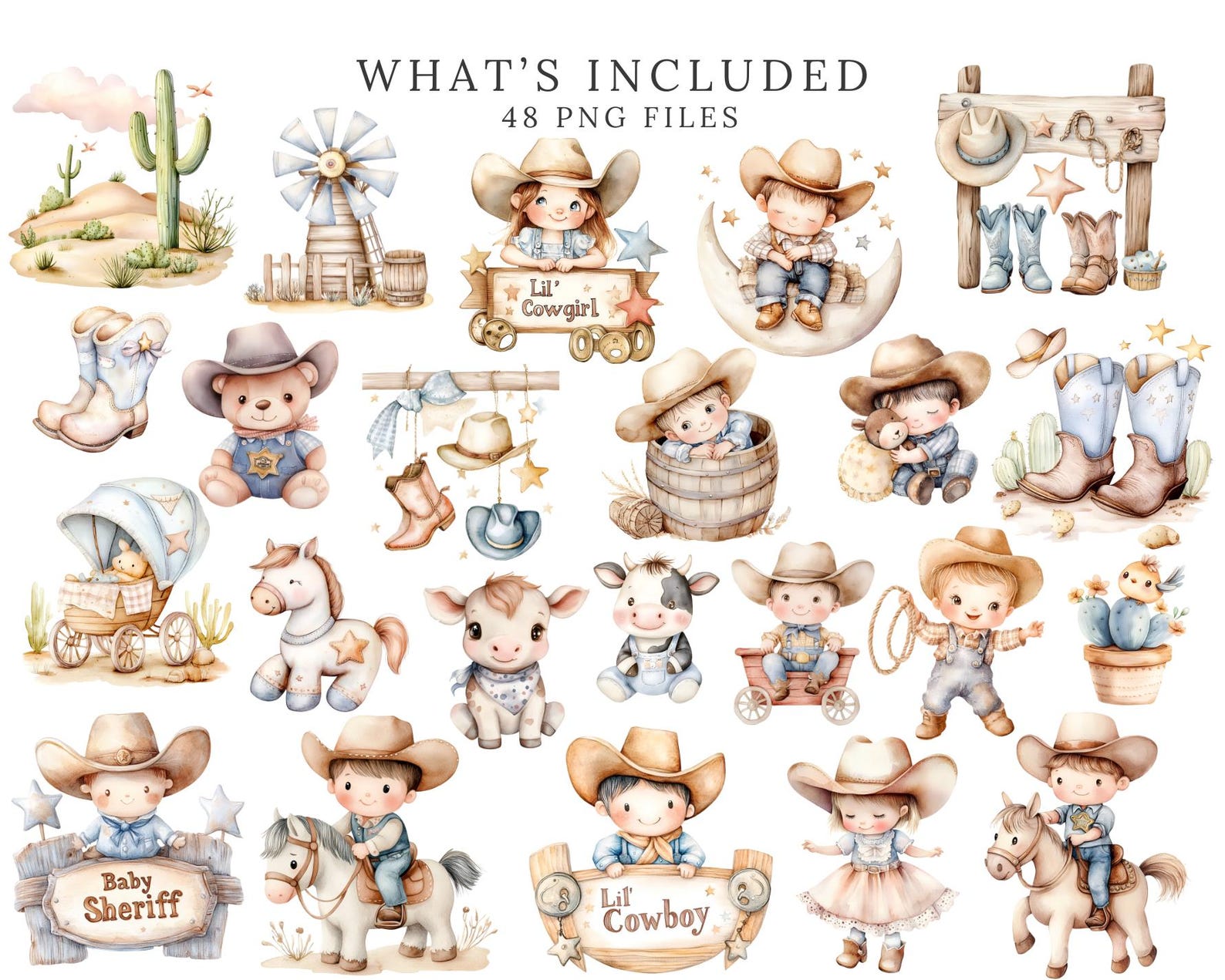 Baby Cowboy and Cowgirl Clip Art Bundle - Western Nursery Watercolor ...