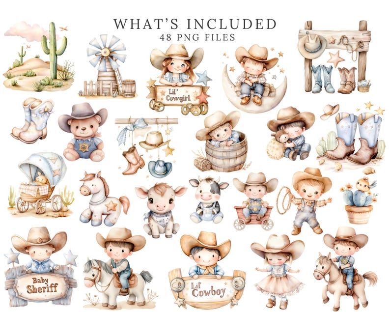 Baby Cowboy and Cowgirl Clip Art Bundle - Western Nursery Watercolor ...