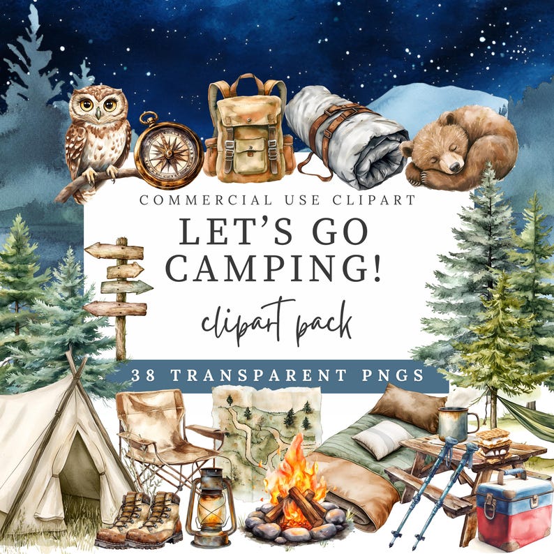 Let’s Go Camping Clip Art Bundle – Watercolor Tents, Campfires, Hiking ...