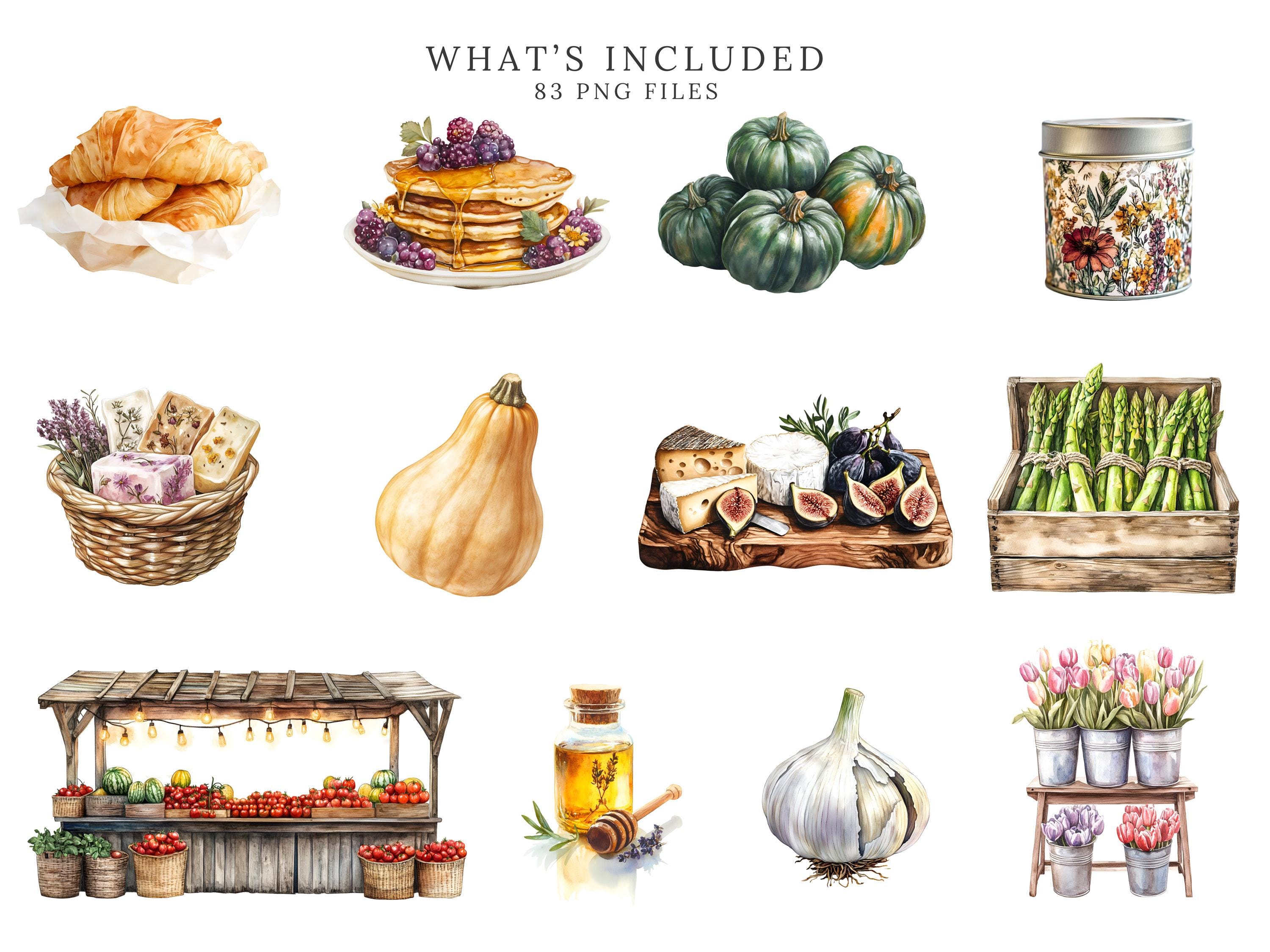 Watercolor Farmers Market Clipart, Rustic Floral Illustrations, Fresh ...