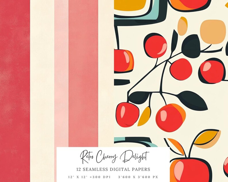Retro Cherry Delight Digital Paper Bundle - 1950s Vintage-inspired ...