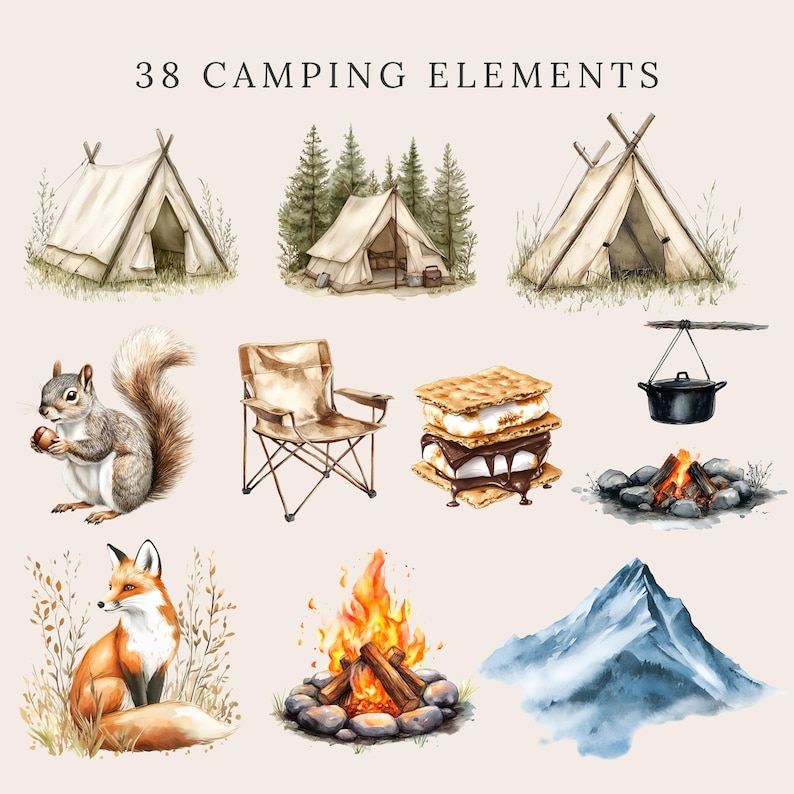 Let’s Go Camping Clip Art Bundle – Watercolor Tents, Campfires, Hiking ...