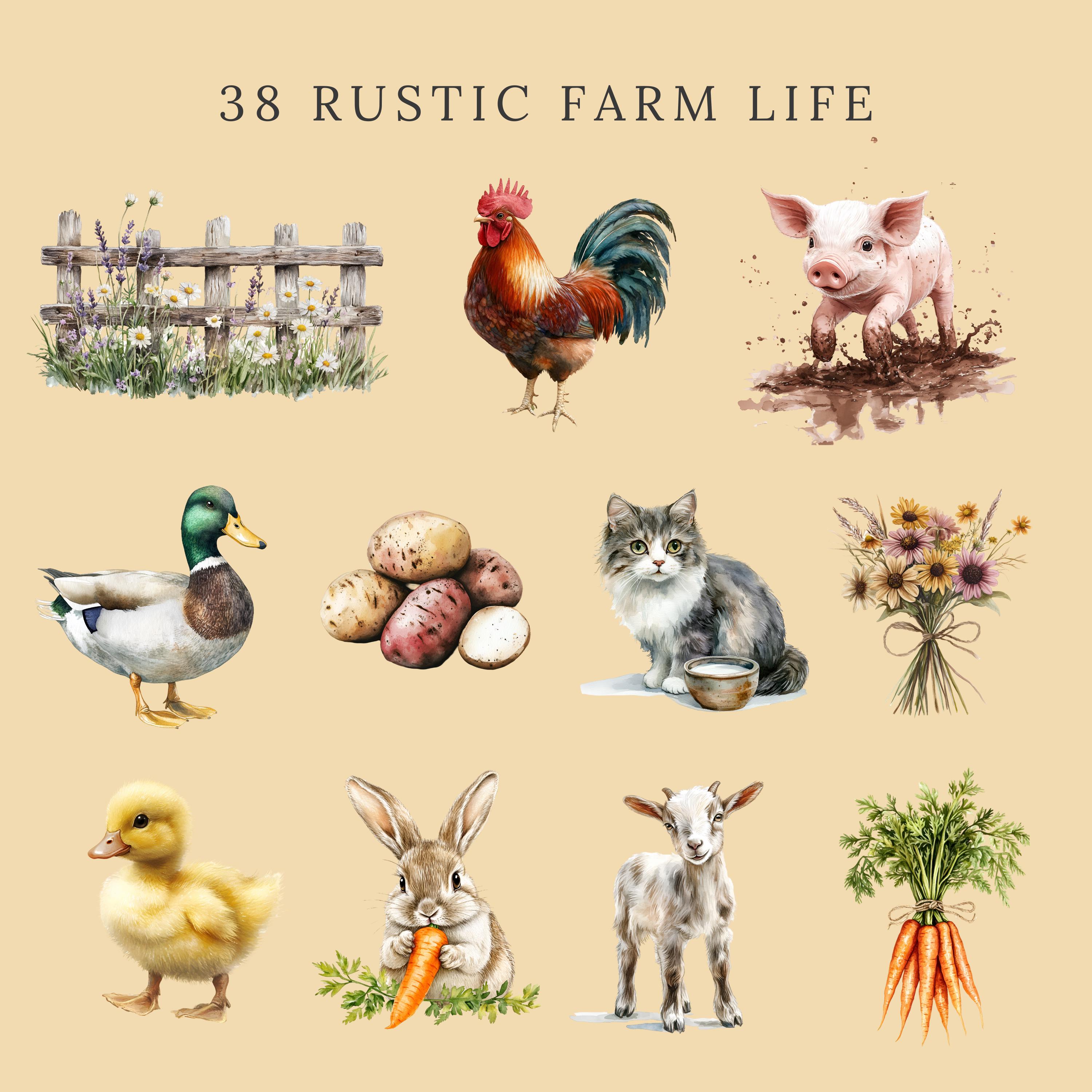 Rustic Farm Life Clip Art Bundle – Watercolor Barns, Farm Animals ...